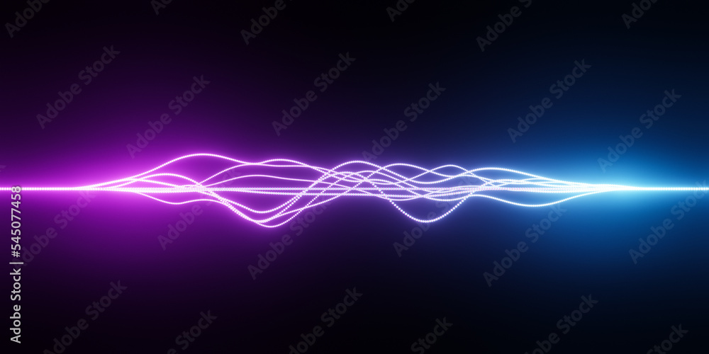 Bright glowing blue purple neon abstract wireframe sound waves ...