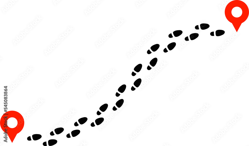 Footprints trail track with location pin. Footprint trail from start ...