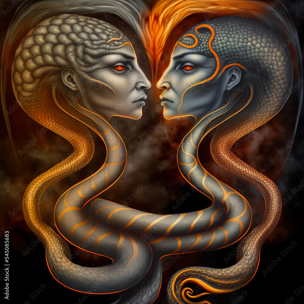 Abstract humanoid faces connected through reptilian bodies Stock ...