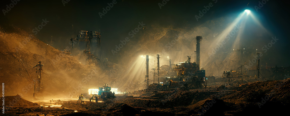 futuristic dystopic mining operation in the desert, pollution ...