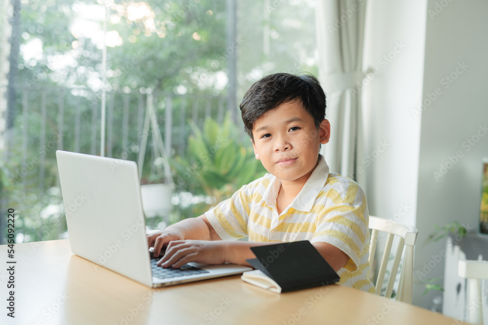 Little boy using laptop studying math during his online lesson at home ...