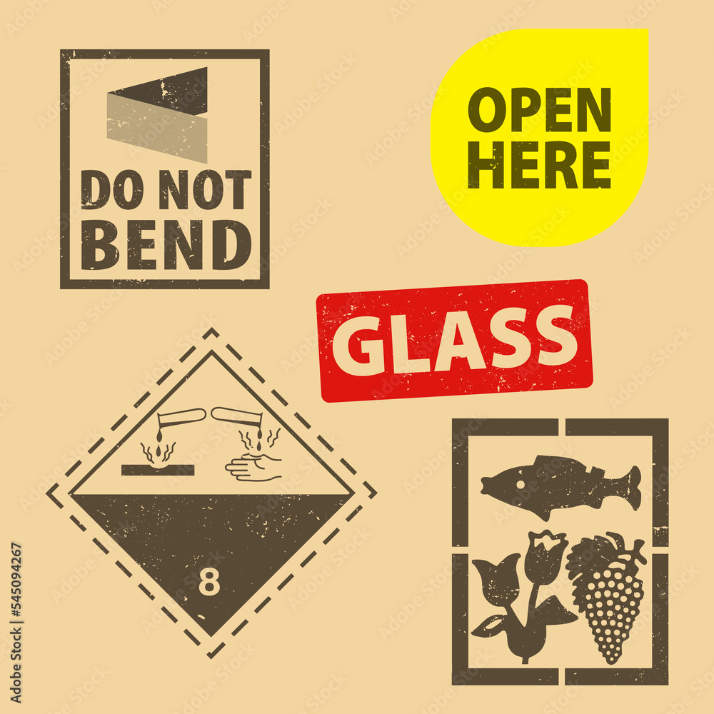 Set of fragile sticker and case glass icon packaging symbols sign, open ...