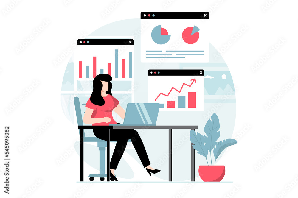 Data analysis concept with people scene in flat design. Woman ...