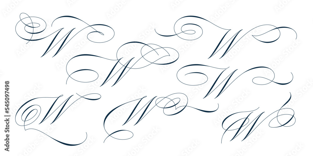 Set of beautiful calligraphic flourishes on capital letter W isolated ...