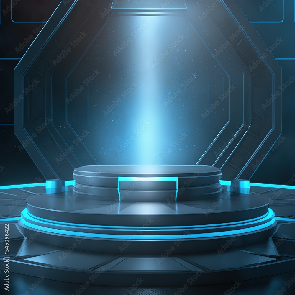 Power podium empty stage. Sci-fi idea concept. Circle portals, teleport, hologram gadget. Blank ...