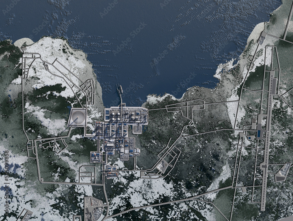 LNG plant with berth, gas carrier on a fictional location map. 3d ...