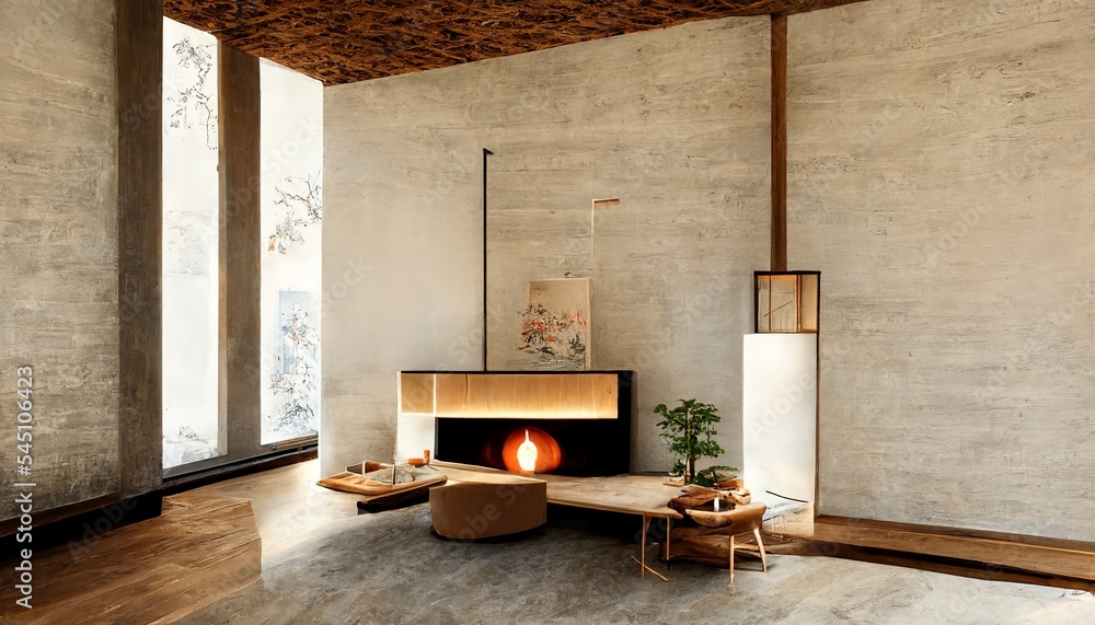 Japandi style home living room with japanese fireplace sunny interior ...
