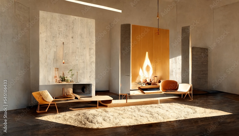 Japandi style home living room with japanese fireplace interior in ...