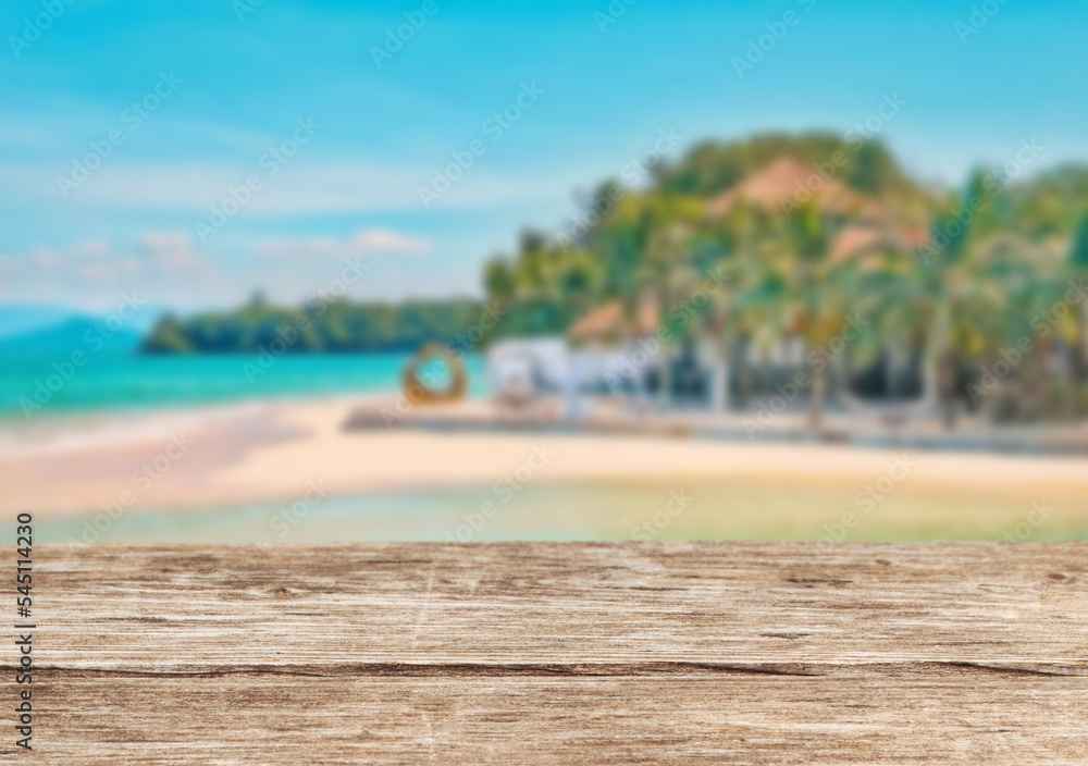 Wooden table top on the beach or sea.Party on the beach sunset time ...