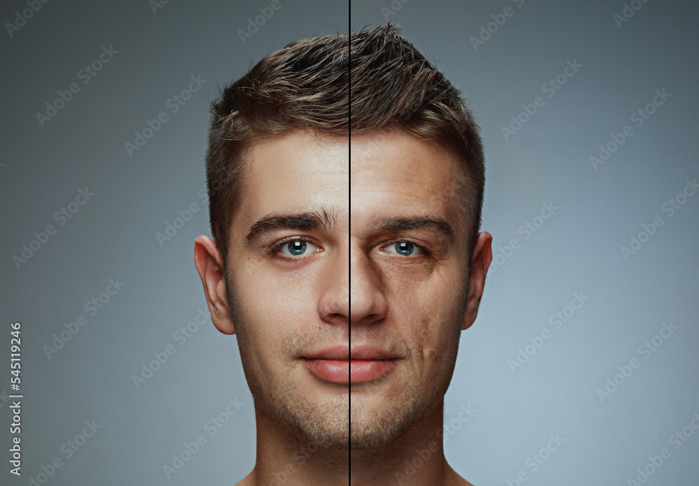 Portrait of a young man in two age stages. Youth and maturity. Face ...