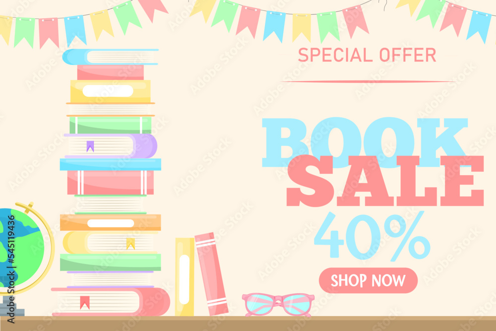 Vector cartoon image of a banner announcing a discount on books in a ...
