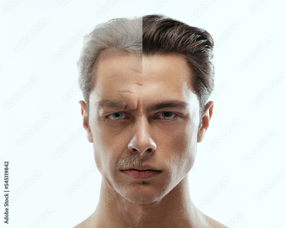 Man's portrait in comparison youth and maturity, old age. Skin aging ...