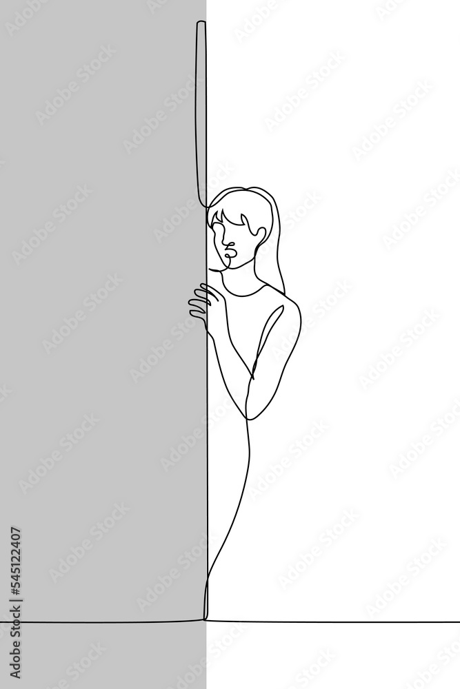 woman with open mouth peeking out from behind a wall - one line drawing ...
