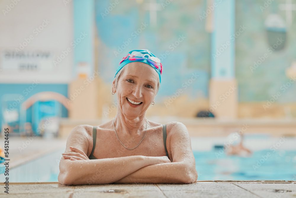 Senior woman, swimmer in water and relax in swimming pool of hotel ...