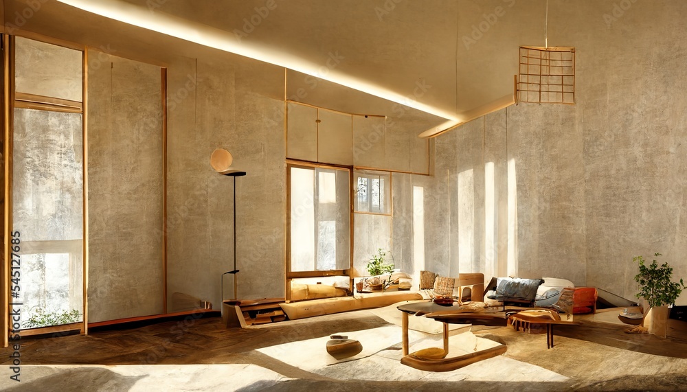 Japandi style home living room interior with scandinavian elements and ...