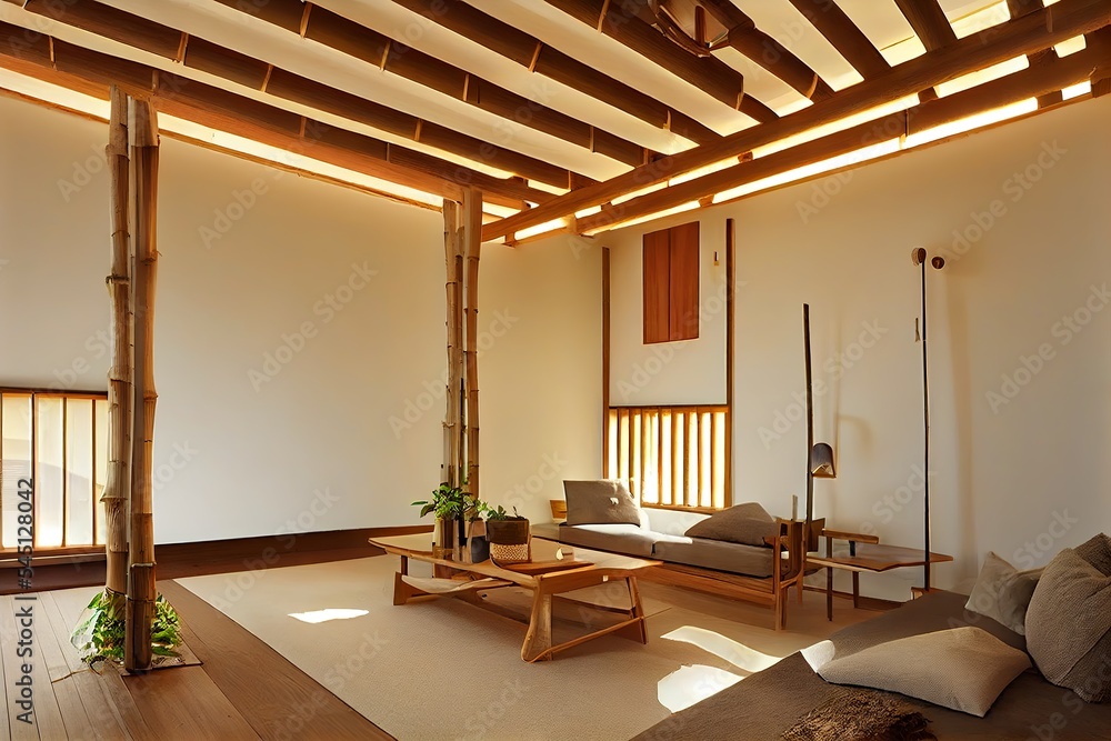 Japandi style home living room interior with bamboo ceiling in led light japanese decoration ...