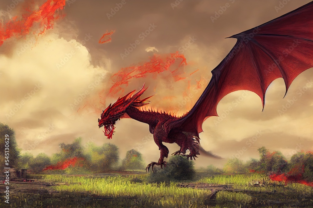 painting of red dragon flying over a lush green field with charred ...