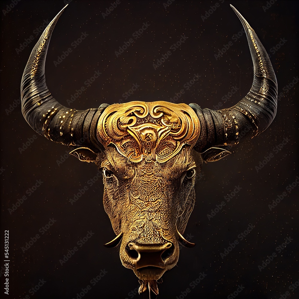 Golden ornate bull's head, beautiful photorealistic illustration ...