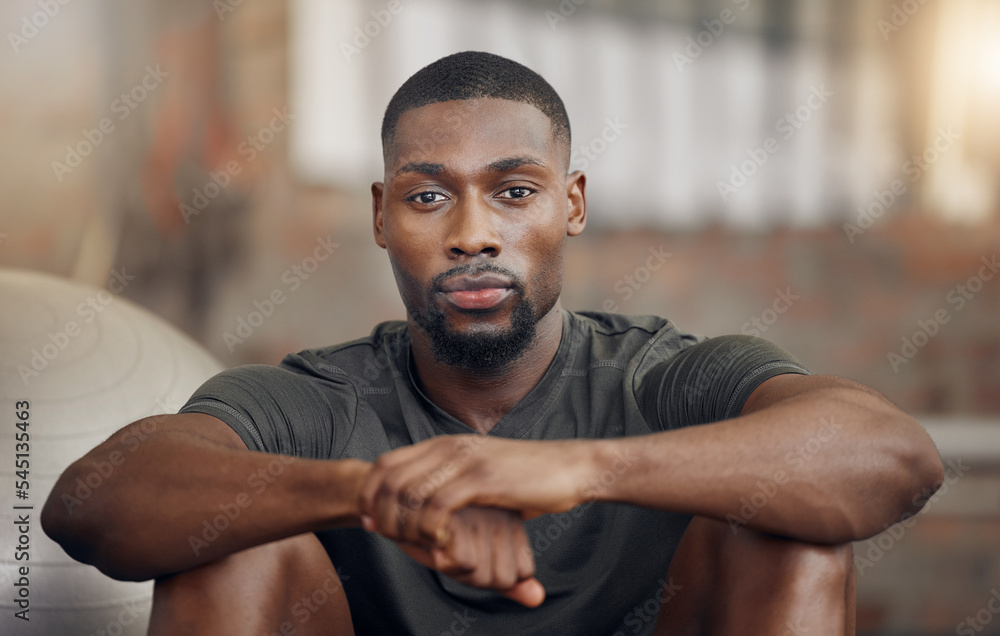 Black man, fitness and exercise in gym, break and rest after sports ...