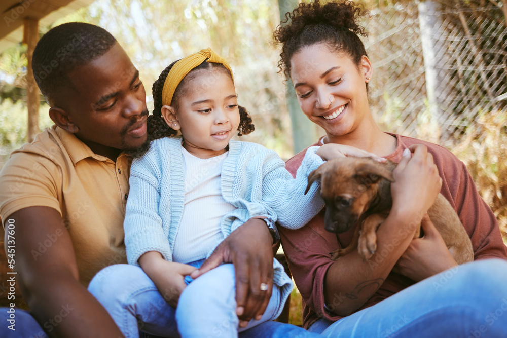 Happy family, animal shelter and dog with girl and parents bond, relax ...