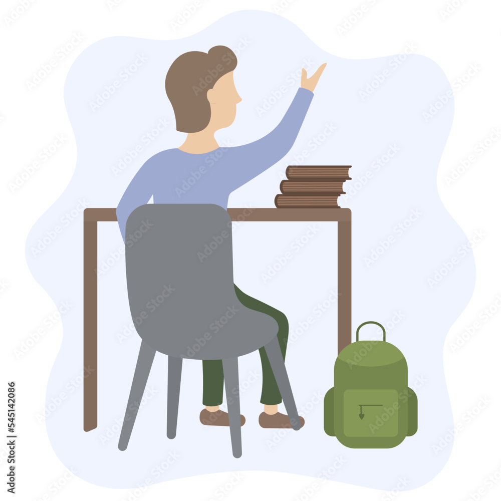 The student raises his hand to answer the question. Color vector ...