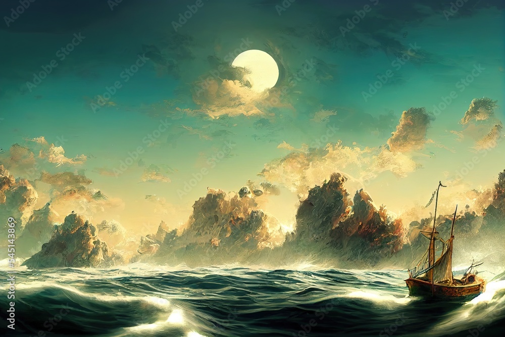 Sea, Boat and Hope. Fiction Backdrop. Concept Art. Realistic ...