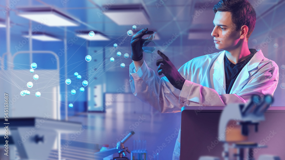 Man is scientist. Young employee of scientific laboratory. Medical ...