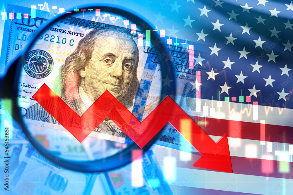 Red arrow inflation. US economy. Decline chart and US dollar bill ...