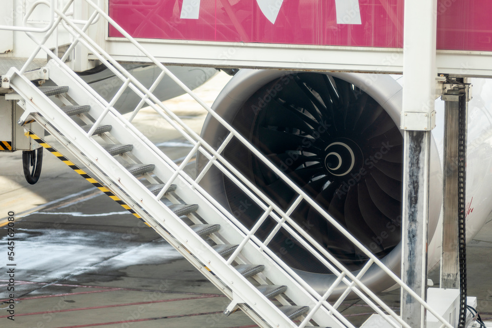 Engine of a magnificent Airbus A330 aircraft which is a narrow-body ...