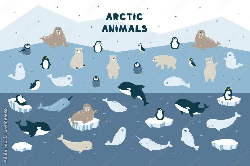 Vector big set of arctic animals and winter elements. Cute penguin ...