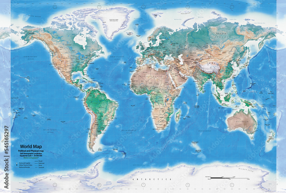 Large Watercolor World map in Gall Stereographic projection wall mural ...