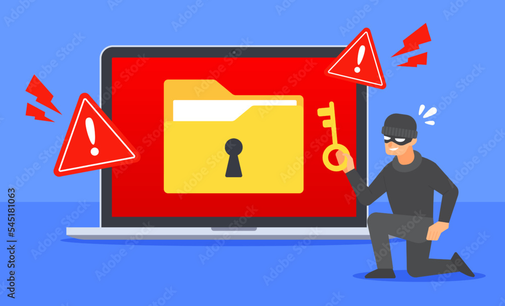 Hacker holds key to unlock locked document folder in laptop. System warning alert to cyber ...