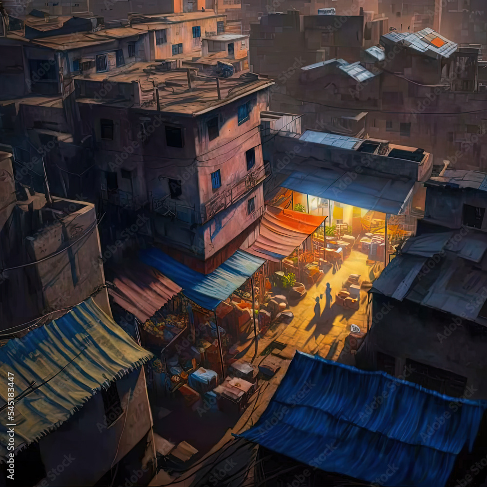 Aerial view watercolour digital painting of Bombay slums. Poverty in an ...