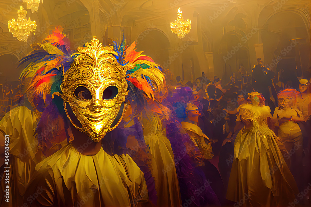 Digital Concept Art Of A Mysterious Masked Party Goer Wearing A Golden