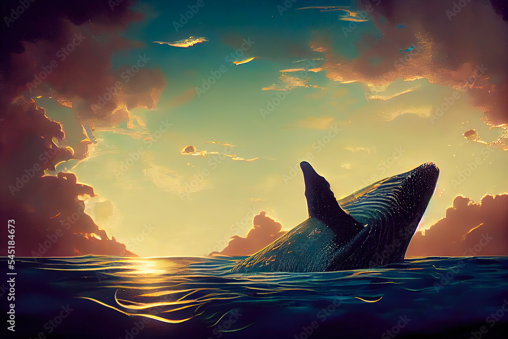 Majestic blue whale breaching water in the open sea during sunset ...