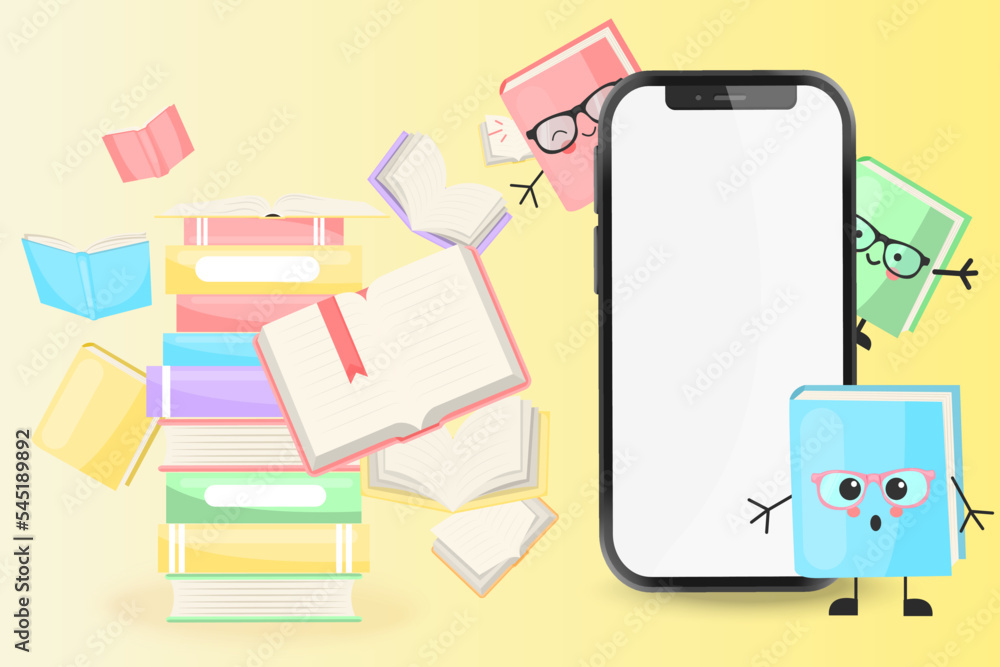 Vector cartoon image of a phone with a place for text with animated ...