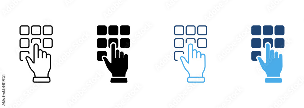 Enter Pin Code on Keypad Line and Silhouette Icon Set. Hand Entering ...
