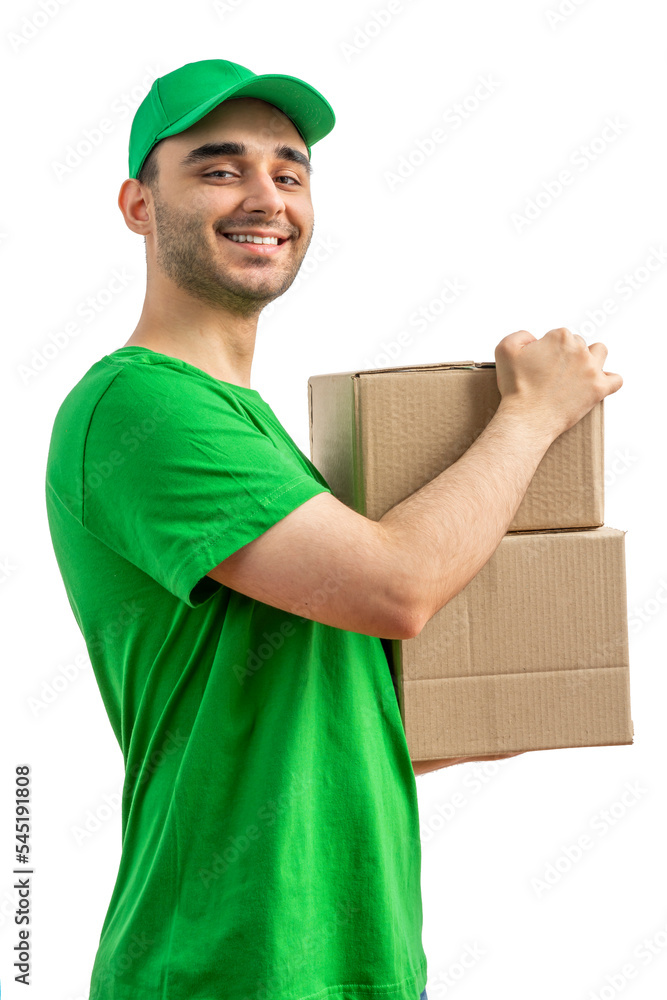 Delivery man with a box. Courier in uniform cap and t-shirt service ...