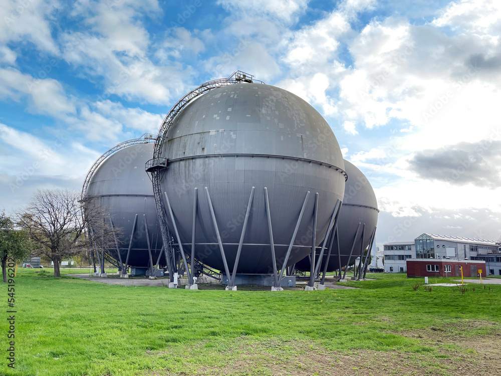 Spherical gas tanks for storage and stockpiling Stock Photo | Adobe Stock