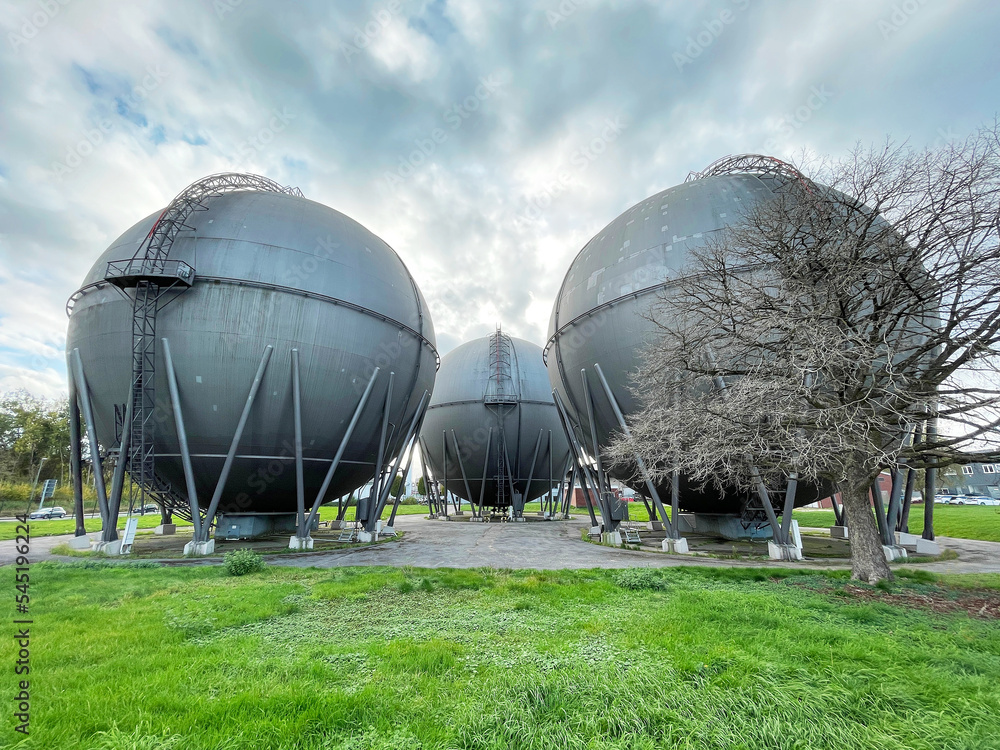 Spherical gas tanks for storage and stockpiling Stock Photo | Adobe Stock