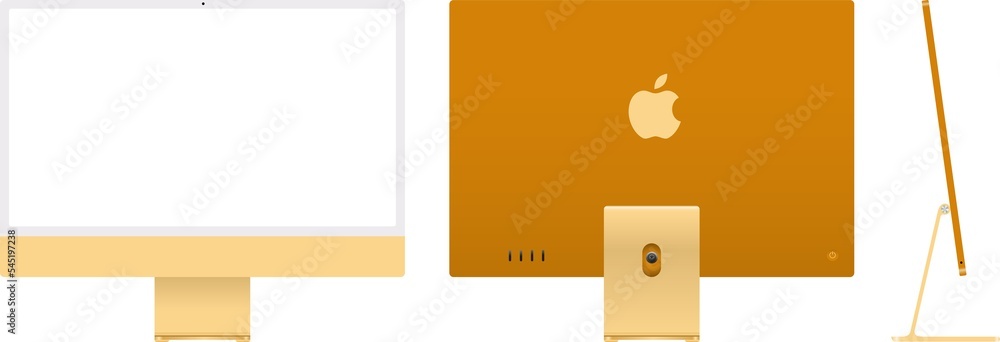 Realistic mockups of the new iMac 24 with transparent screen, yellow ...