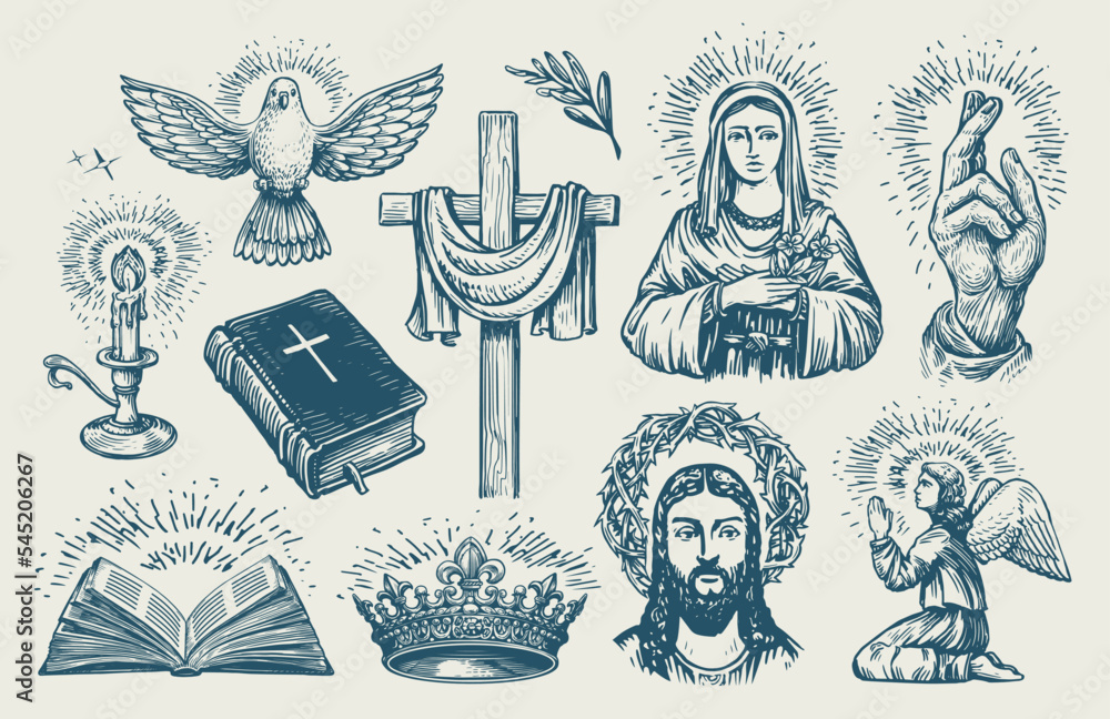 Religion symbols set sketch. Biblical motifs. Cross spirituality ...
