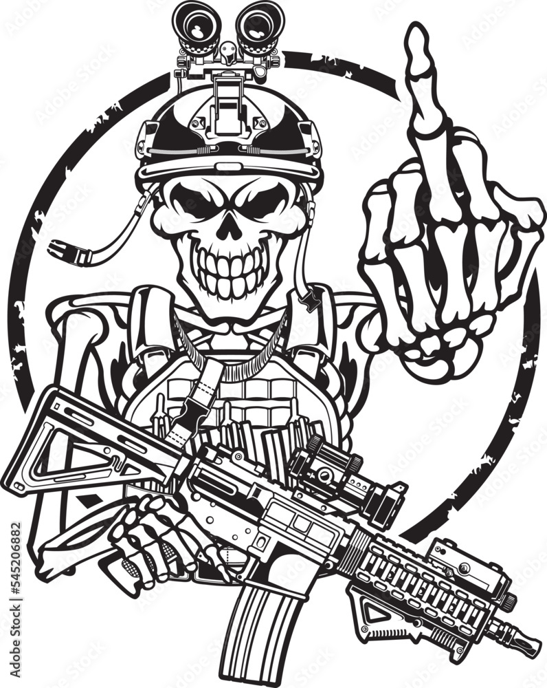 Skeleton shows middle finger wearing military gear and holding assault ...