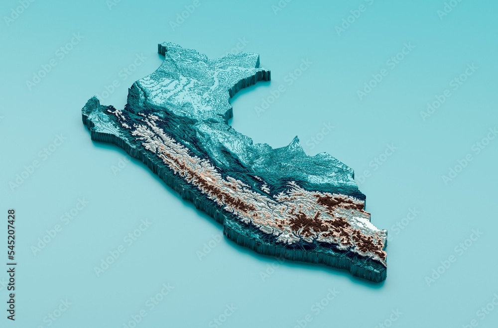 3D rendering of the topographic Peru map hypsometric elevation tint spectral shaded relief map ...