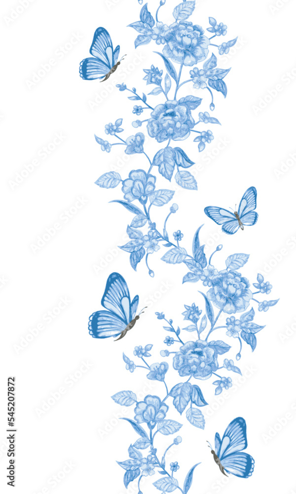 watercolor vertical seamless floral border. blue flowers with bu Stock ...