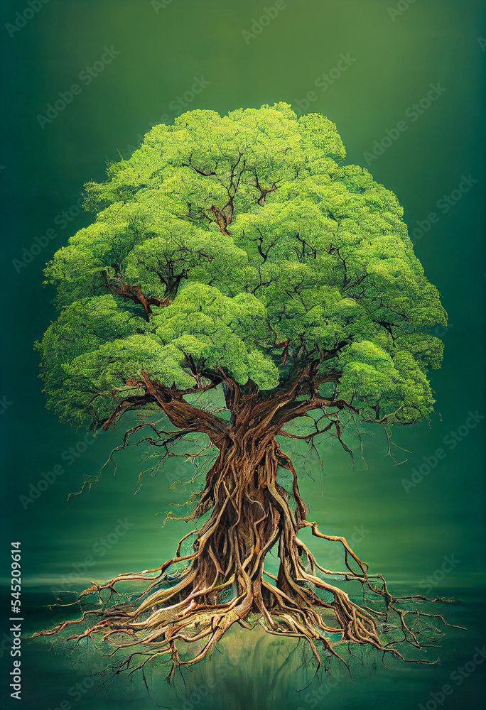 old big green tree with roots, on dry land, tree of earth and life ...