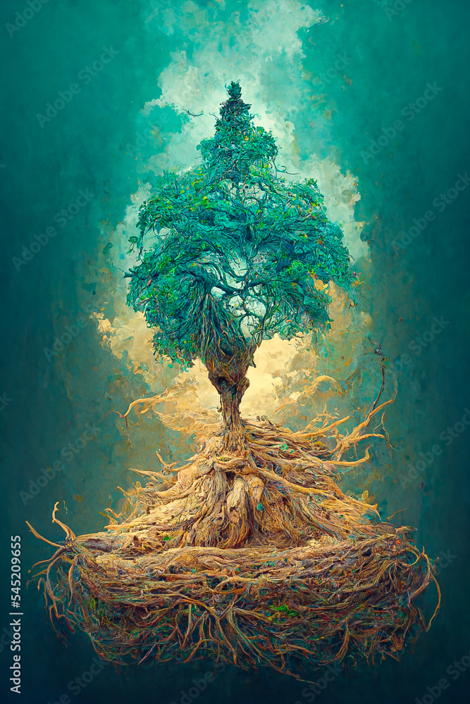 old big green tree with roots, on dry land, tree of earth and life ...