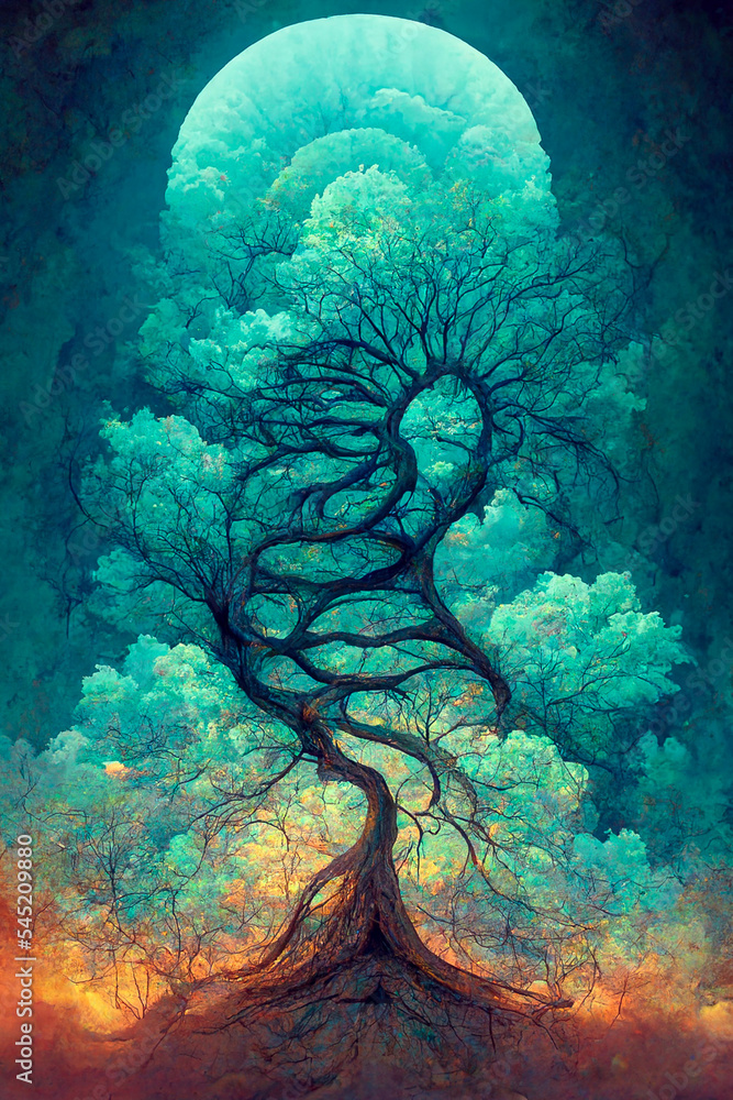 old big green tree with roots, on dry land, tree of earth and life ...