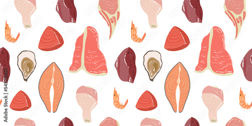 Meat cuts seamless pattern background. Fresh pork chop, beef, ham ...