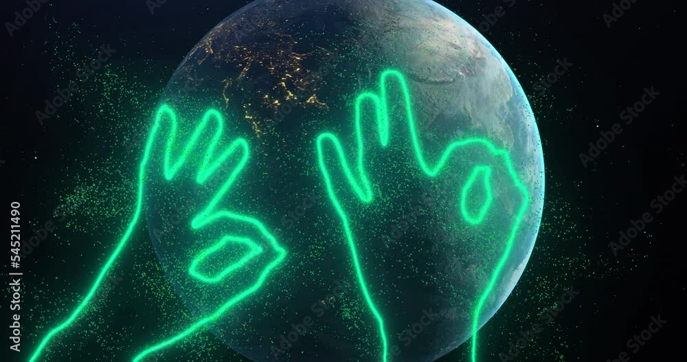 Okay sign in space among zoom in planet earth rotating, stars, two ...